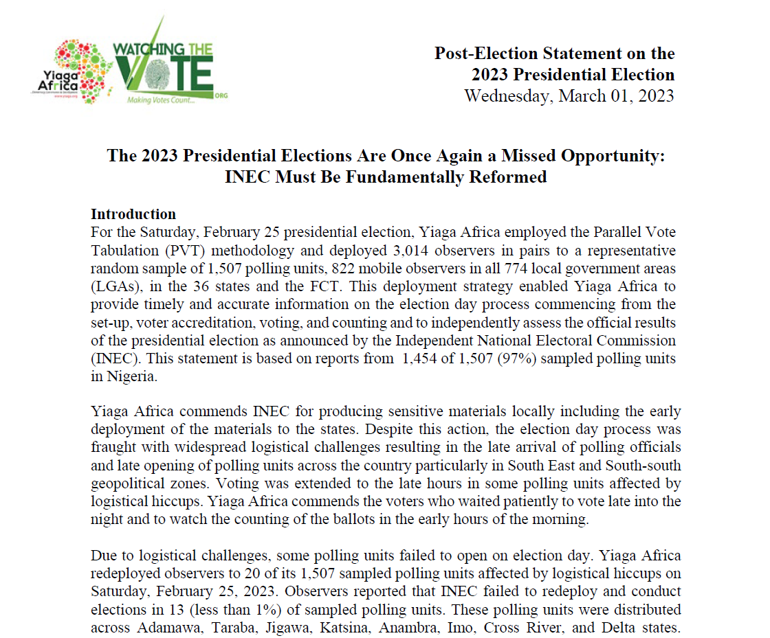 Yiaga Africa Post-Election Statement on the 2023 Presidential Election